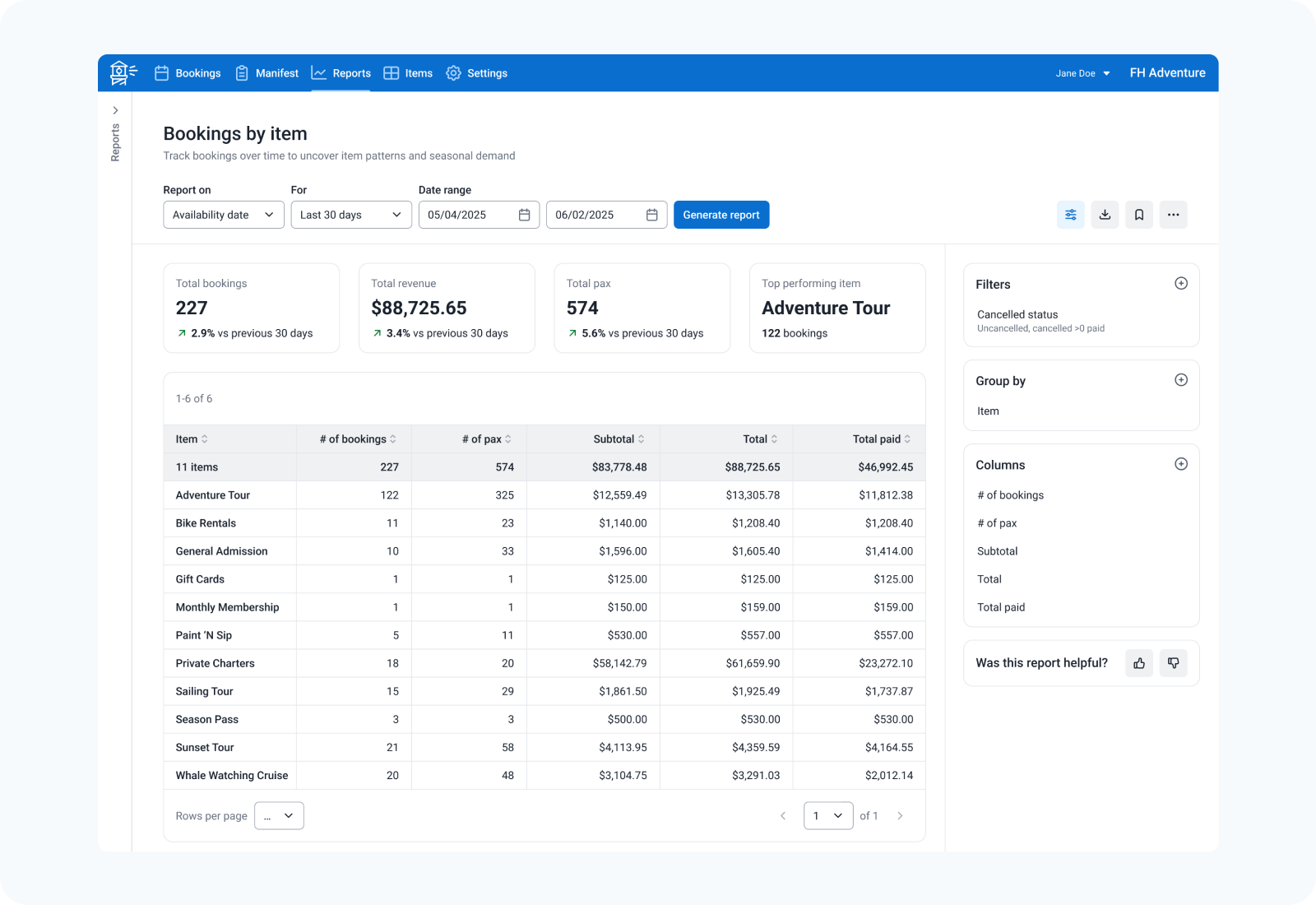 FareHarbor reporting updates to booking software dashboard